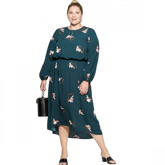 Ava & Viv | Dresses | Ava Viv Dark Green Floral Long Sleeve Midi Boho ...